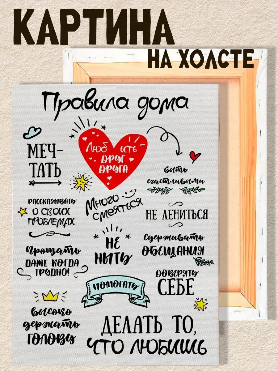 Картина на стену Правила дома, на подрамнике, 1шт, 25х17 размер.