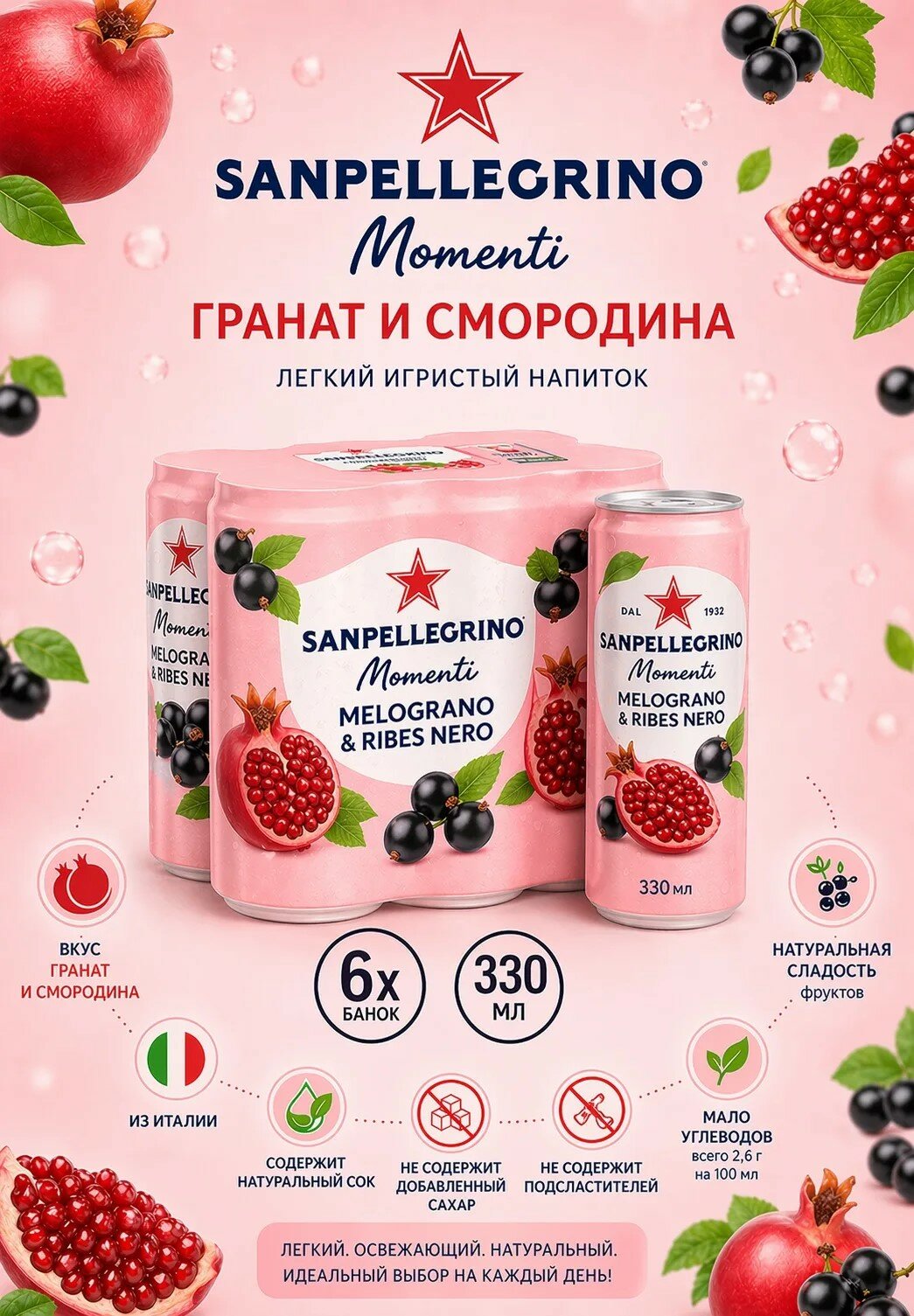 Газированный напиток Sanpellegrino Momenti Санпеллегрино Гранат и Смородина, 6 шт * 330 мл, Италия