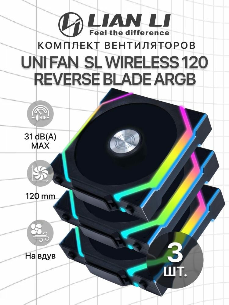 Комплект вентиляторов для корпуса 3 шт. Lian Li UNI FAN SL WIRELESS 120 Reverse Blade / 12RSL1W1B BLACK / 120x124,5x28мм (PWM, ARGB, 2000 об/мин (Max.), 31dBa) / G99.12RSL1W1B. R0
