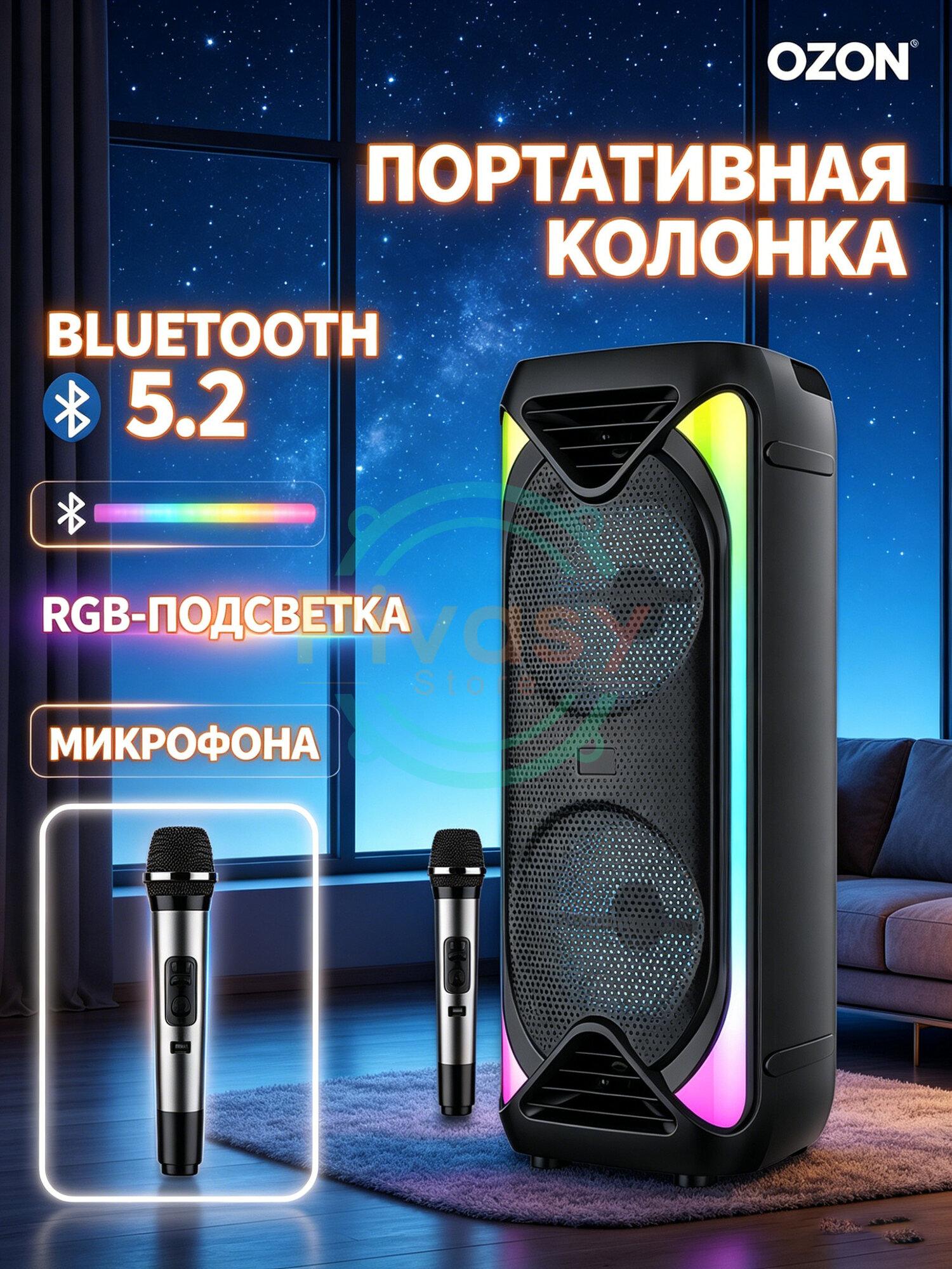 8-дюймовые беспроводные колонки BoomBox, BT 5.2, LED, USB/TF-карта, Мощные басы, Портативный дизайн