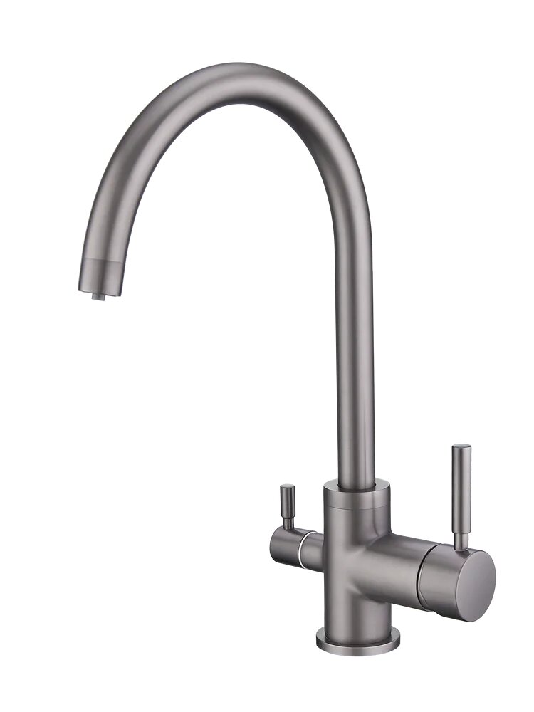 Смеситель для кухни Emar Steel ЕС - 3007 с краном для питьевой воды, с поворотным изливом, хром, глянцевый, однорычажный, латунный, с керамическим картриджем