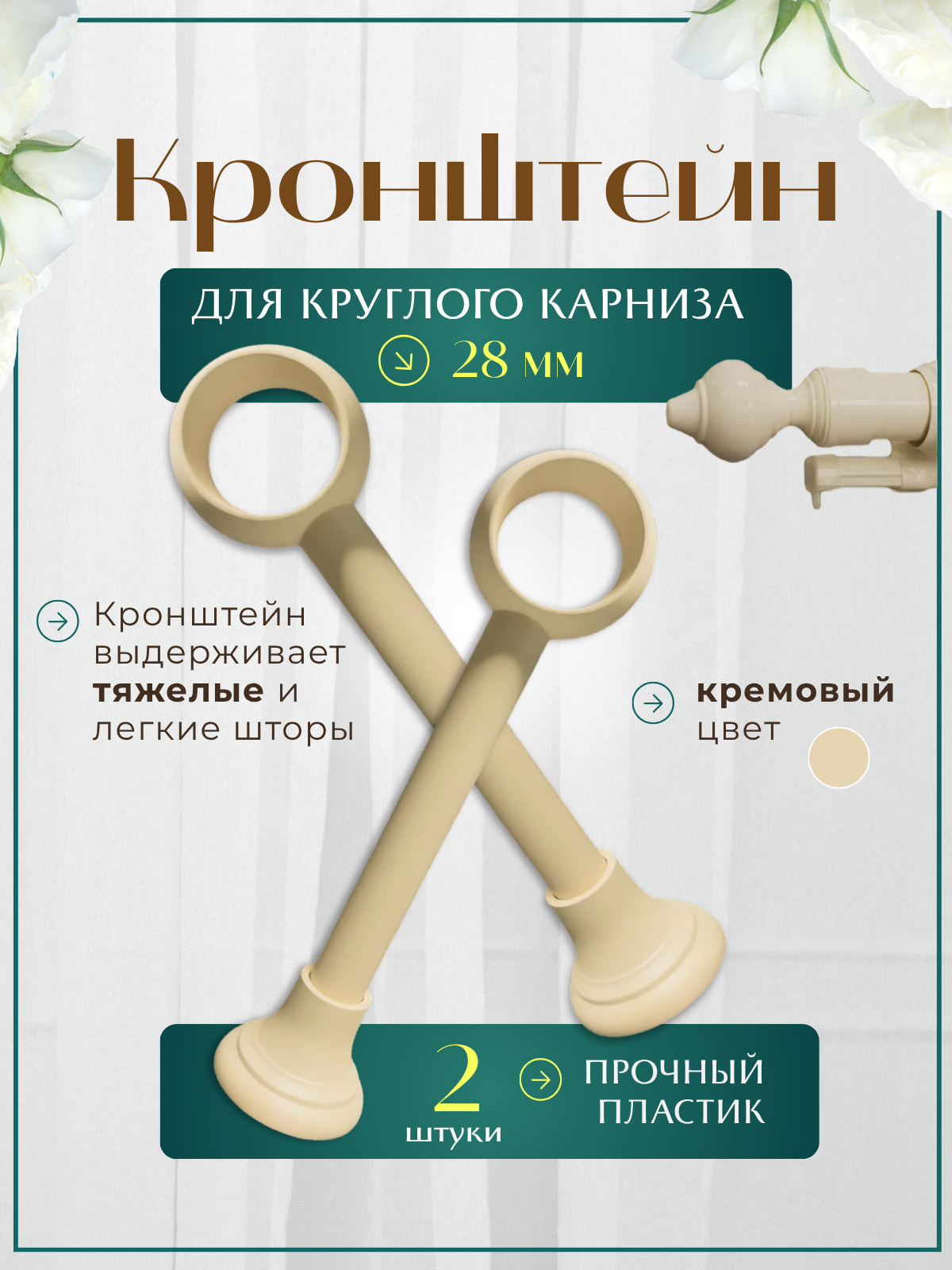 Кронштейны для карниза настенный пластиковый d-28 мм цвет Крем 2шт