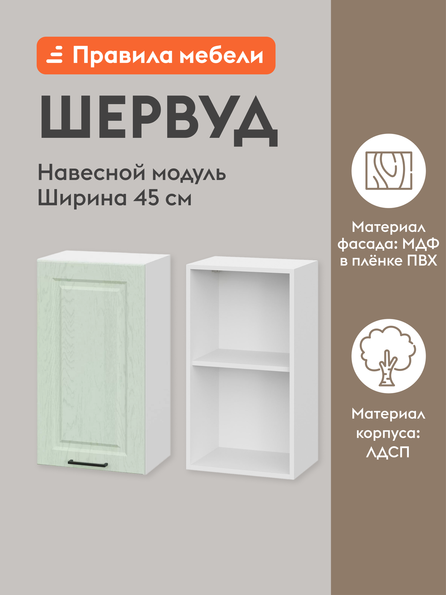 Кухонный модуль навесной, шкаф Шервуд с доводчиками, с полками, 45х29.6х72 см, Белый / Шато мята