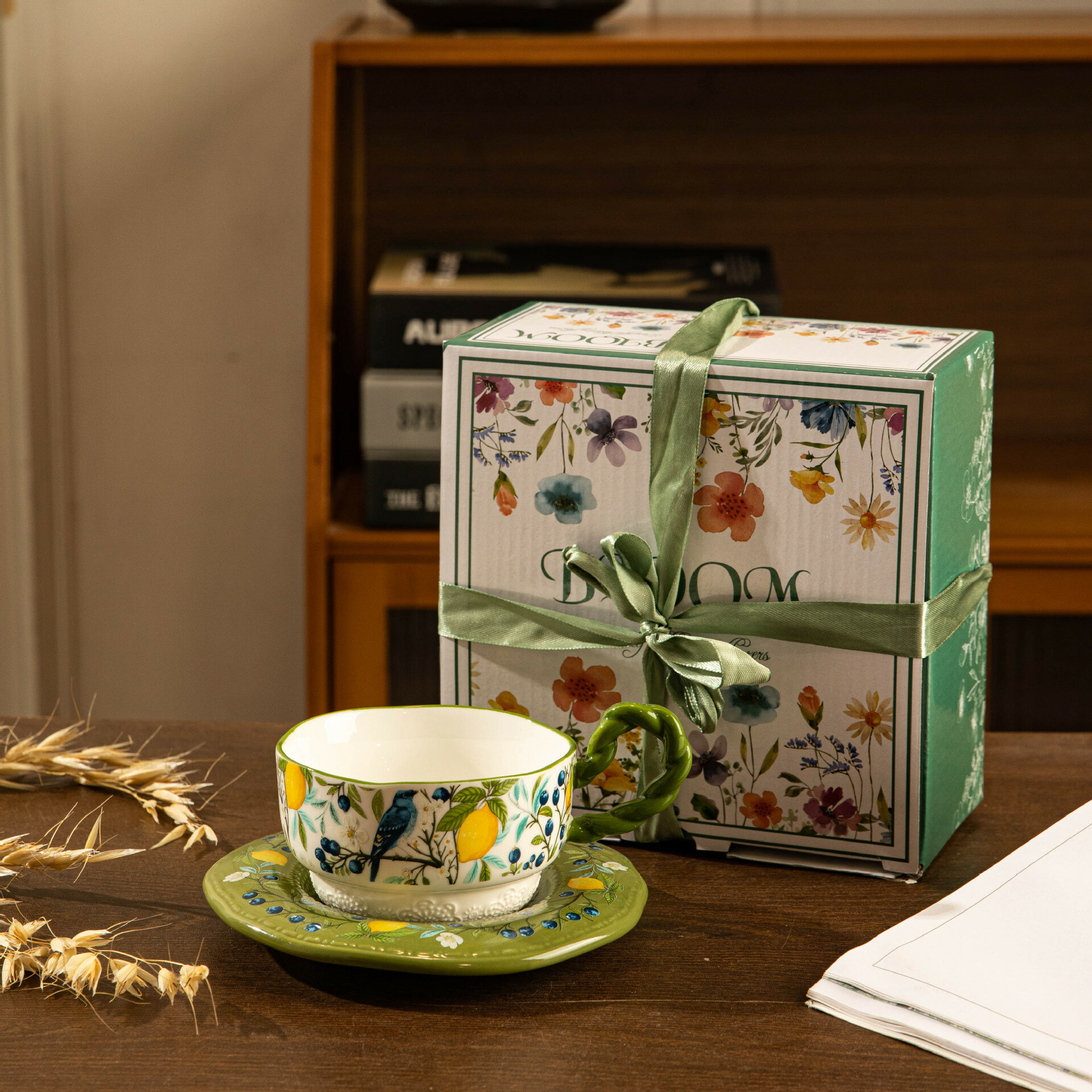 Керамический набор кофейных чашек и блюдцев-Зеленый, Состоящий из одной чашки и одного блюдца