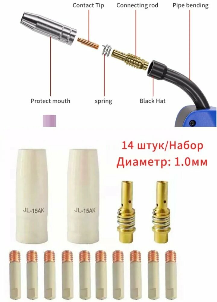 14 шт. (1.0mm)MB-15ak Защити покрытие от липких аксессуаров Набор комплектующих для сварочного полуавтомата, диффузор, сопло цилиндрическое, наконечники токовые