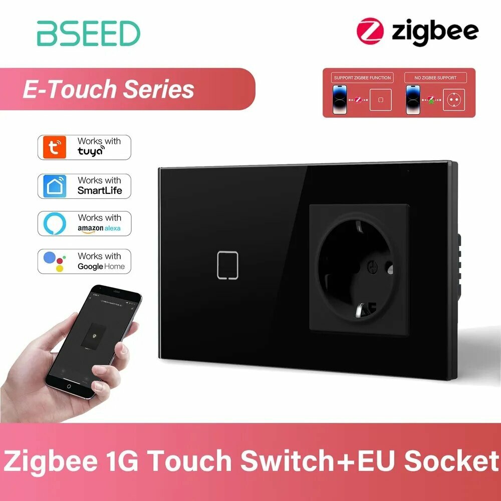 Умный сенсорный выключатель с розеткой , 1 клавиши 1 розетка, ZIGBEE, Smart Life с Алисой