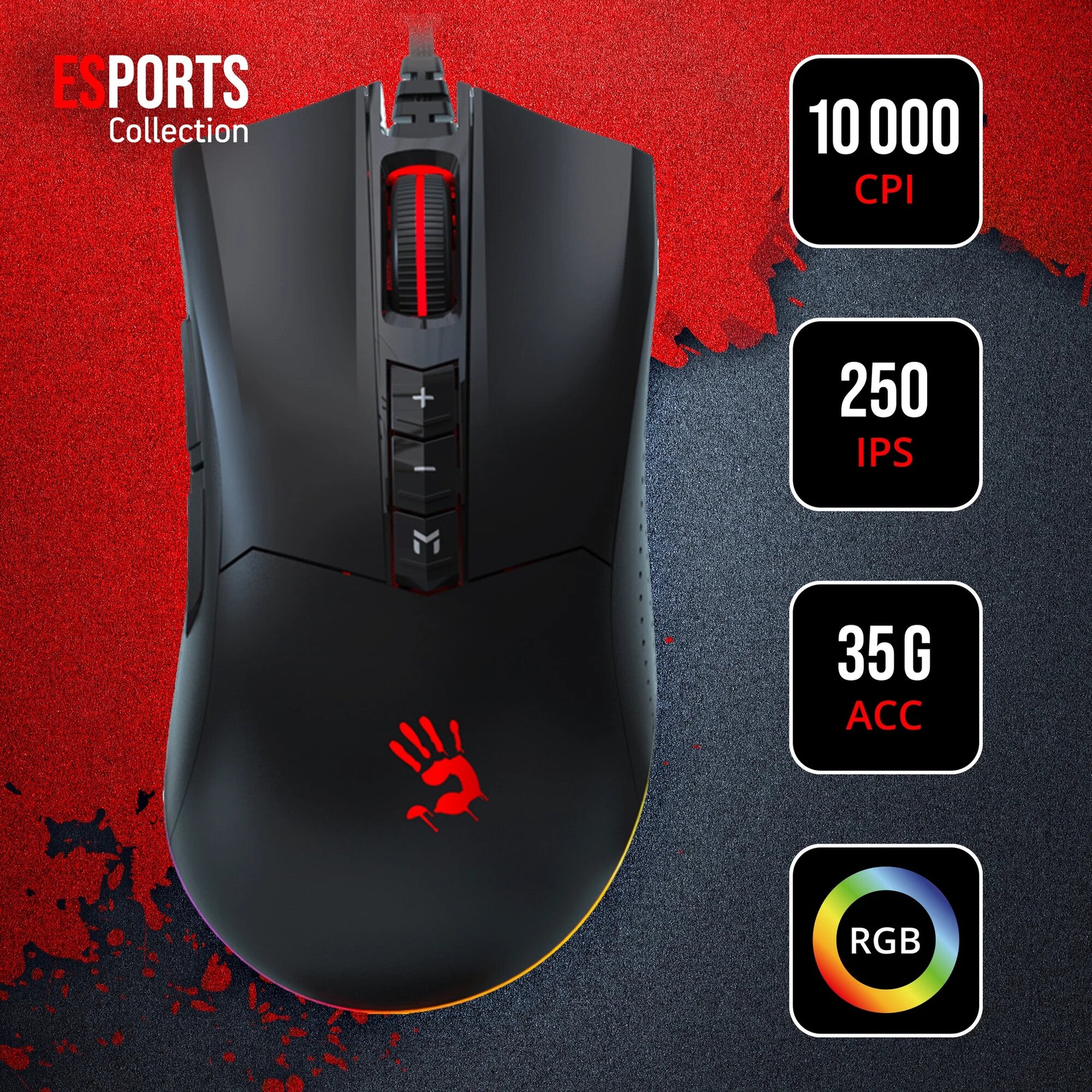 Мышь A4Tech Bloody ES9 Plus 956078, RGB-подсветка, оптическая, проводная, черная