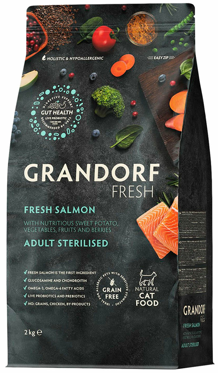 Корм сухой Grandorf Fresh Grain Free Cat Adult Sterilised Salmon & Sweet Potato беззерновой для взрослых кастрированных котов и стерилизованных кошек, лосось, батат, 2 кг
