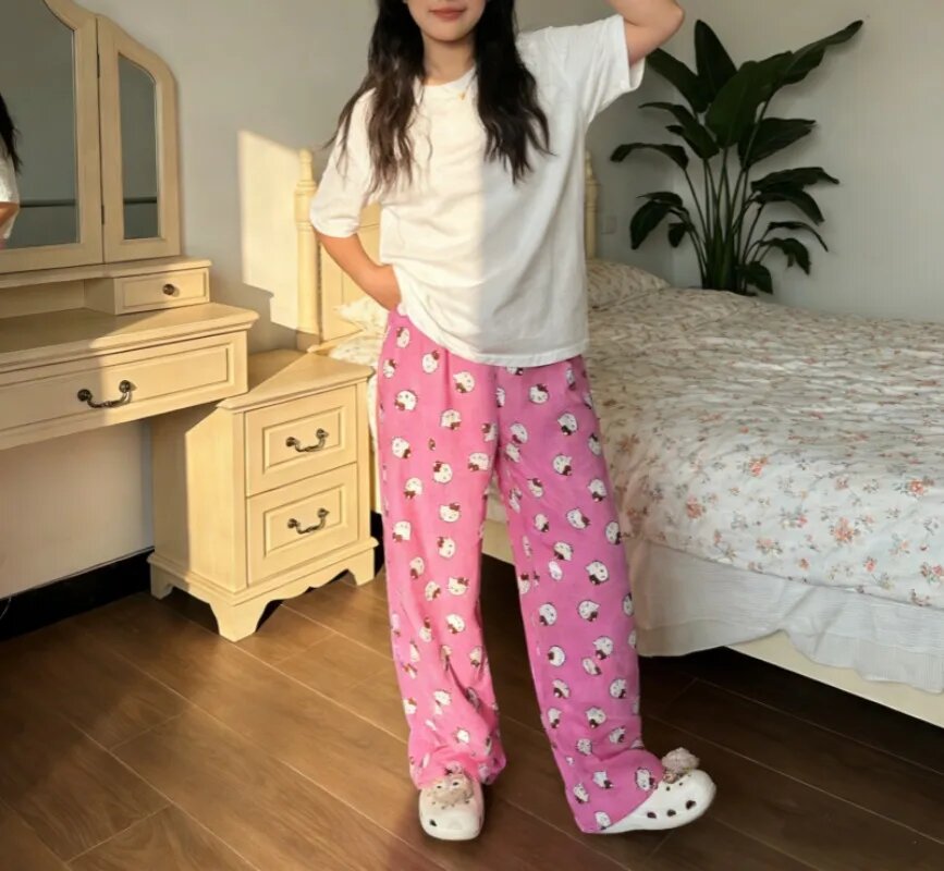 Милые пижамные штаны для девочек с мультяшным принтом Hello Kitty, новые летние тонкие свободные повседневные домашние штаны для школьниц.