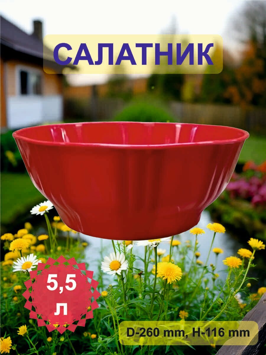 Миска для кухни, салатник глубокий пластиковый 5,5 литра, красный