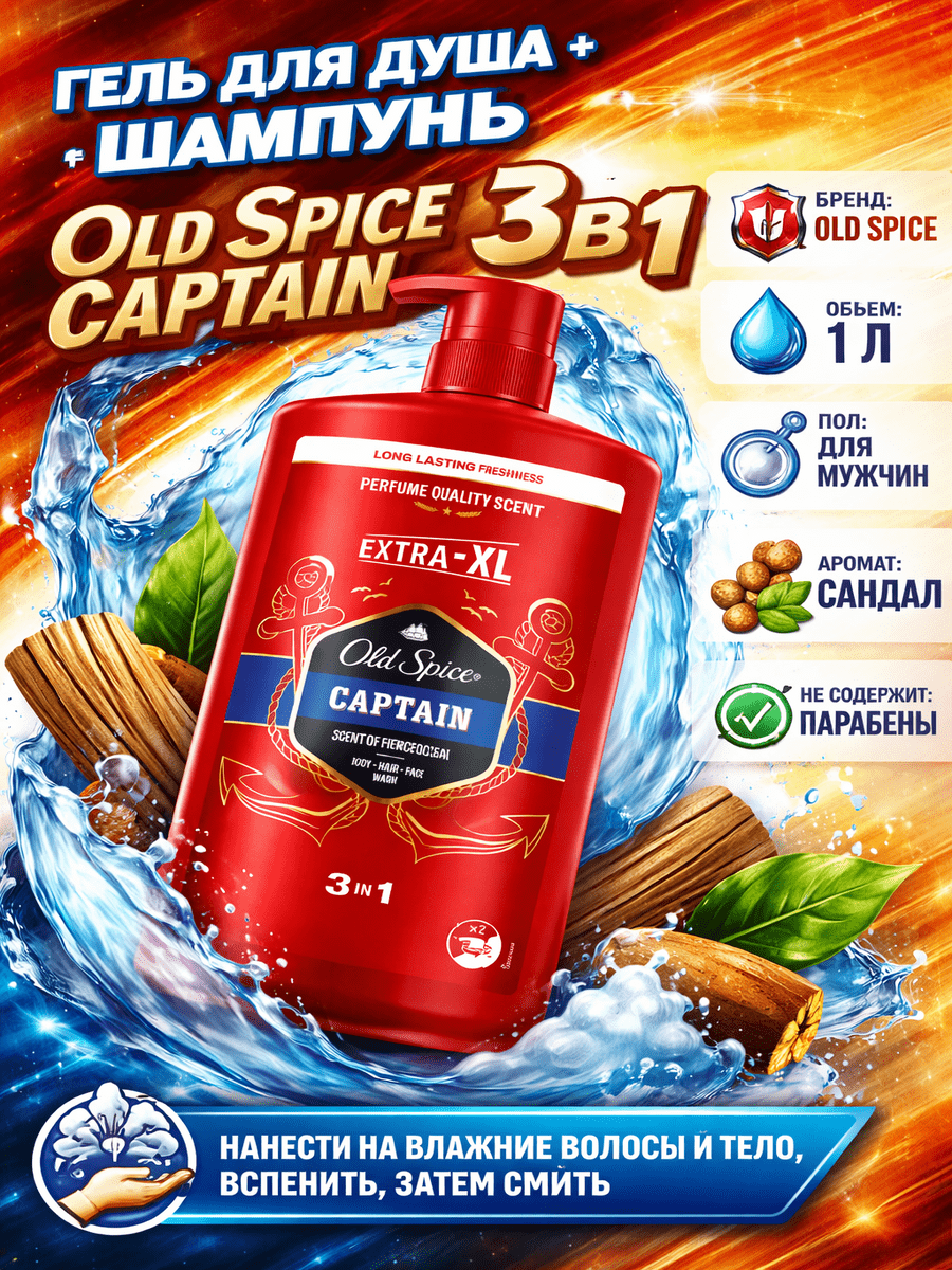 Гель для душа + шампунь мужской Old Spice Captain 3в1, 1л