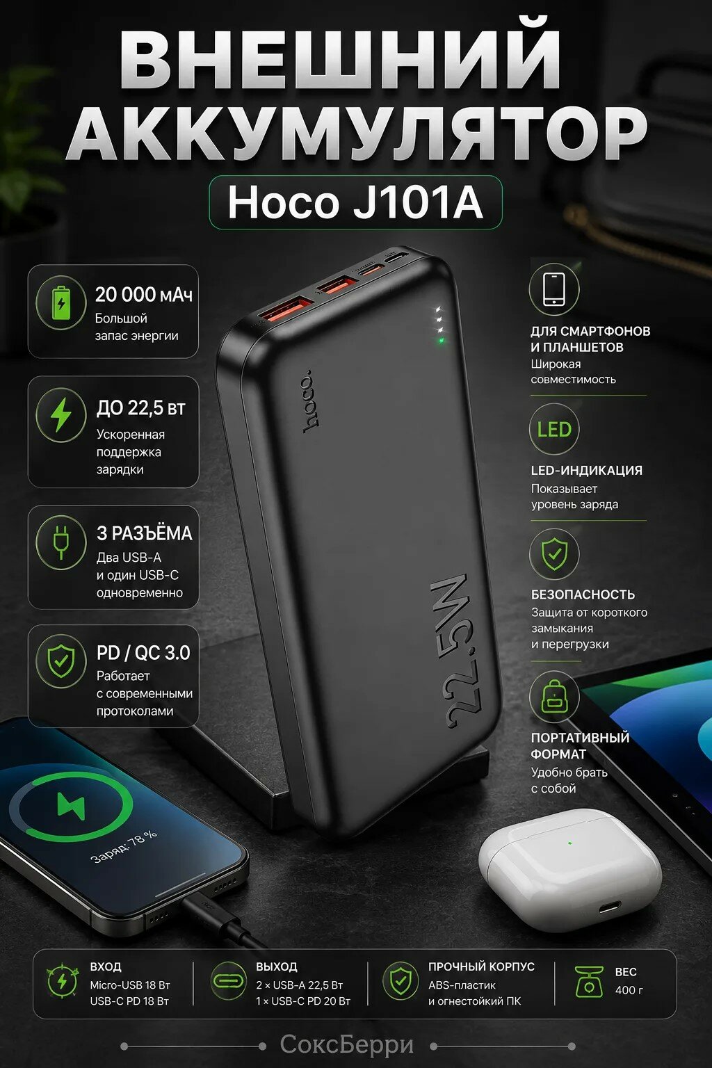 Внешний аккумулятор Hoco J101A, 20000 мА·ч, быстрая зарядка, LED-дисплей
