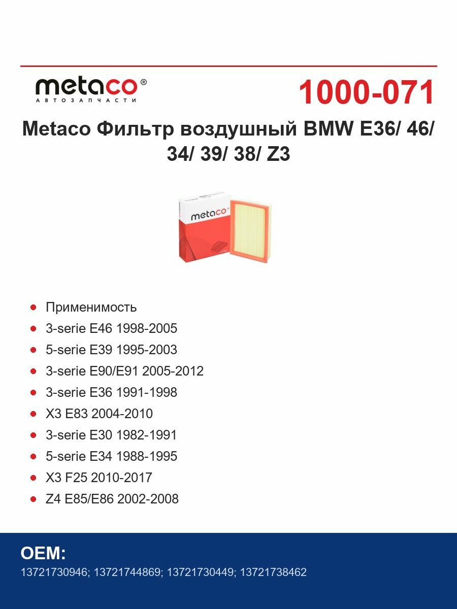 Metaco Фильтр воздушный BMW E36/ 46/ 34/ 39/ 38/ Z3