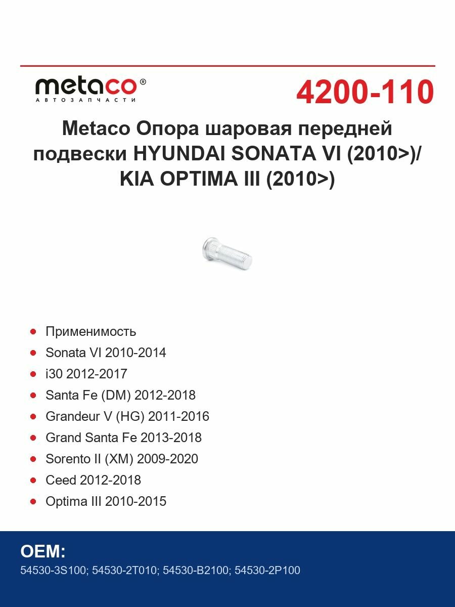 Metaco Опора шаровая передней подвески HYUNDAI SONATA VI (2010>)/ KIA OPTIMA III (2010>)