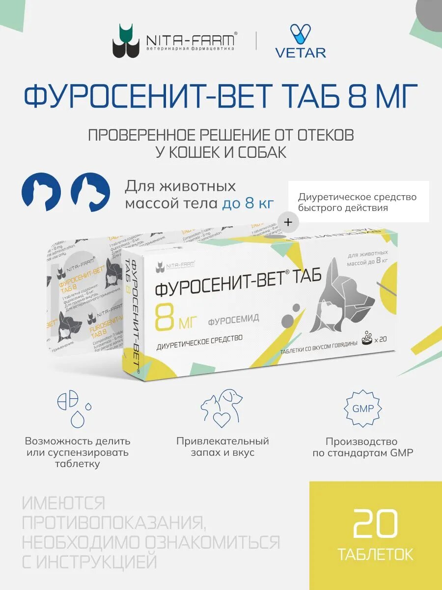 Таблетки NITA-FARM Фуросенит-вет Таб , 8 мг ветеринарный диуретик, 20шт. в уп,