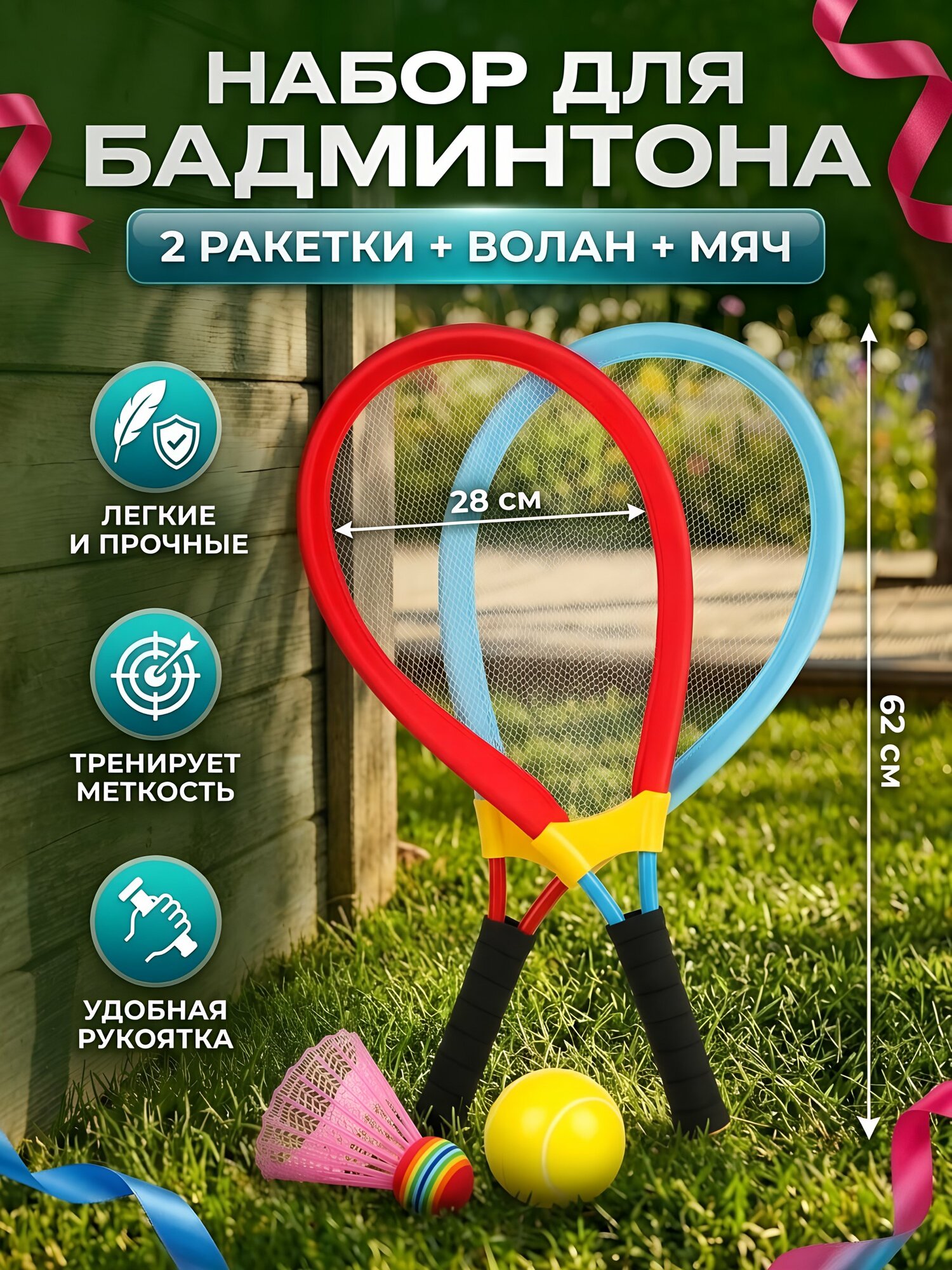 Набор для бадминтона: 2 ракетки 62х28 см, мяч и волан, артикул D040006, для активного отдыха на даче и спорта
