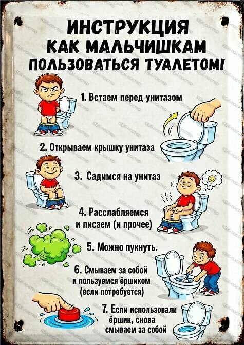 "Инструкция - как мальчикам писать сидя в туалете". 42х59 см. Плакат для туалета А2_065.