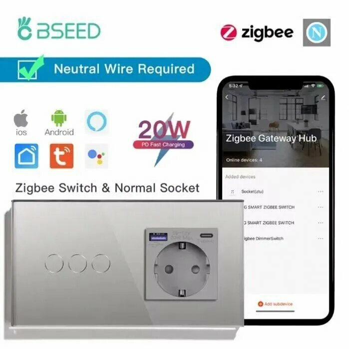 Сенсорный выключатель Zigbee с розеткой с USB и type-C,1/2/3 клавиши 1 розетка, быстрая зарядка 20W, панель стекло