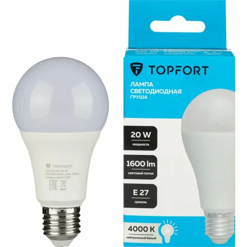 Лампа светодиодная Topfort E27 20W 4000K груша, 1885128
