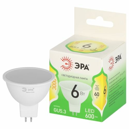 Лампа светодиодная GREEN LINE MR16-6W-830-GU5.3 GL 6Вт софит 3000К свет тепл. GU5.3 Эра Б0067076