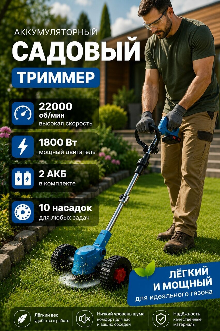 Триммер для травы садовый, аккумуляторный, 2 АКБ в комплекте, 8 насадок, синий ,22000об/мин , с колесиками синий