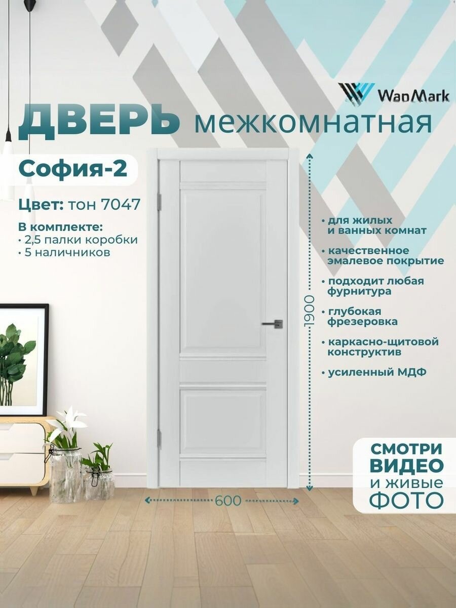 Дверь межкомнатная София-2 светло-серая 600х1900, в комплекте с коробкой и наличниками