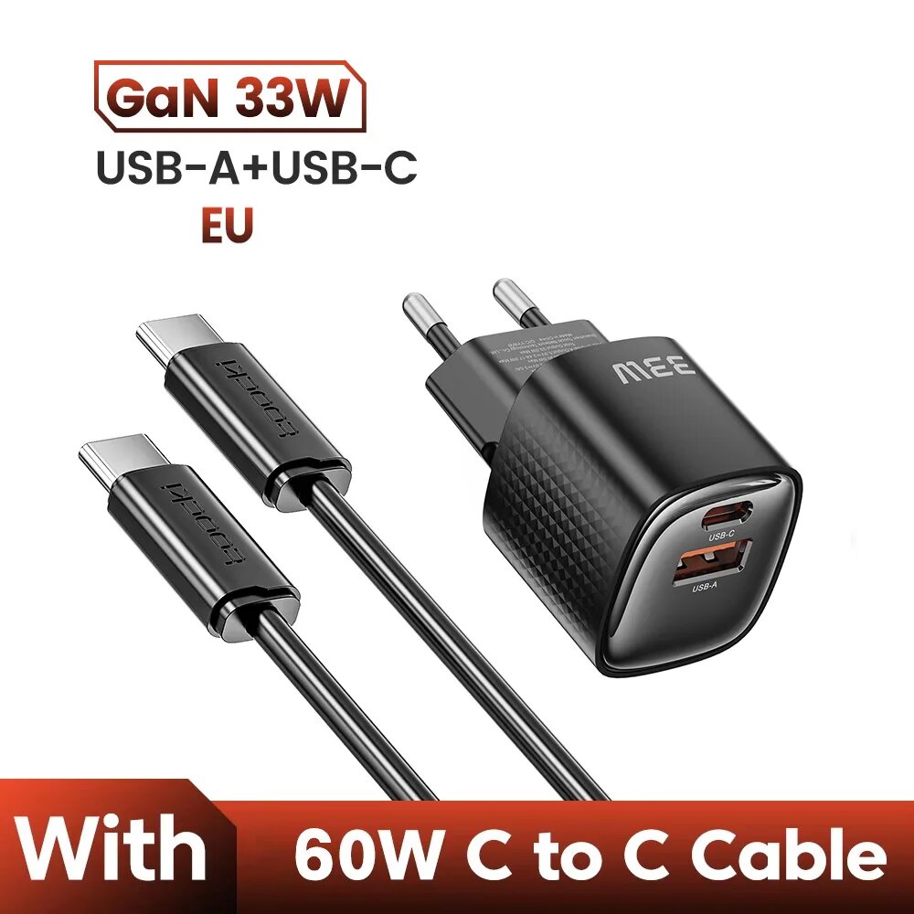 Зарядное устройство MEE GaN 33W USB-A+USB-C EU с кабелем 60W C to C