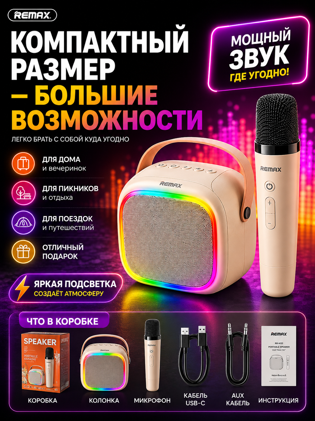 Караоке колонка с микрофоном REMAX RB-H13 Bluetooth 5.3, портативная беспроводная колонка с RGB подсветкой, колонка для караоке дома и на улице, подарок детям и взрослым