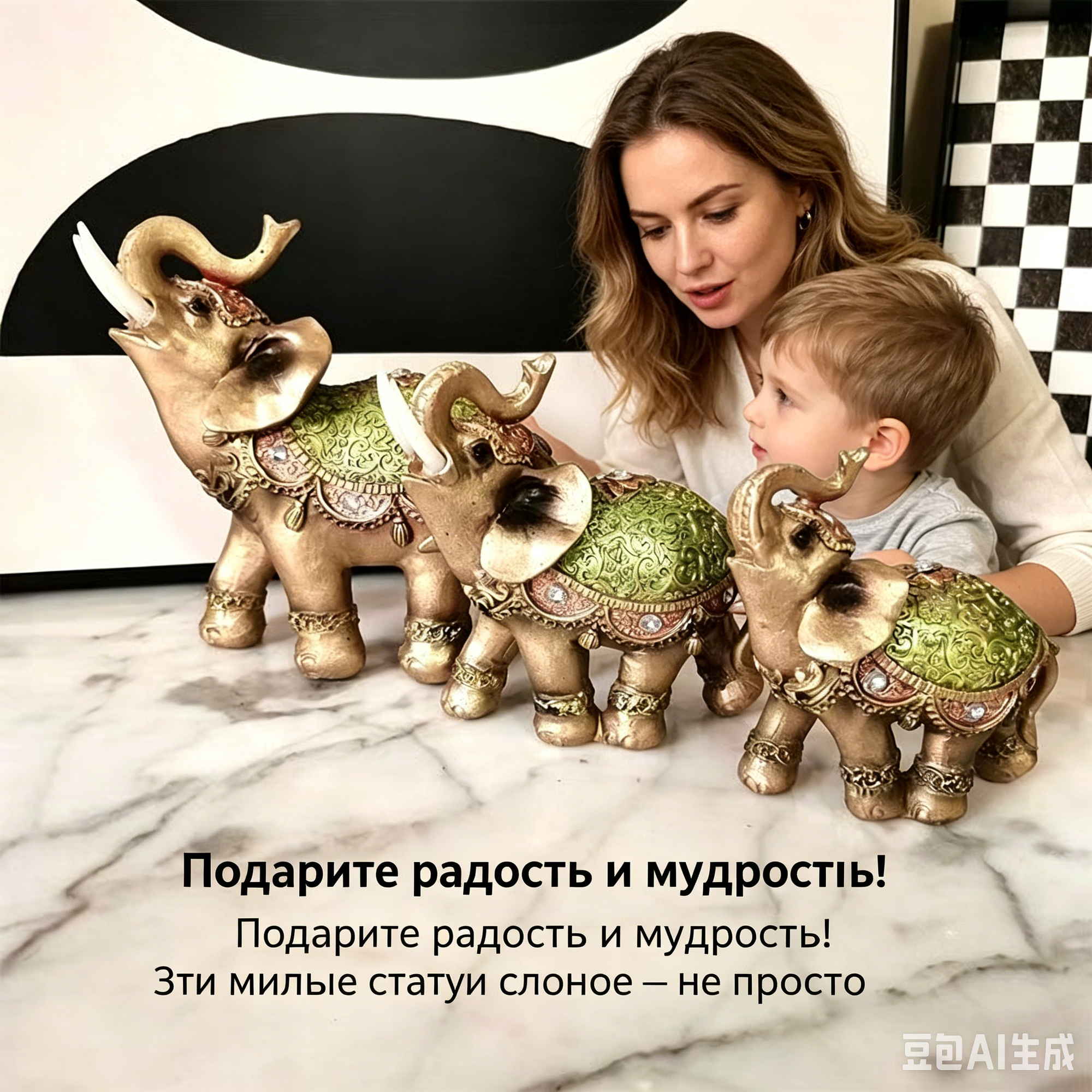 Набор статуэток слона, материал - смола, на удачу и богатство, зеленый, три штуки