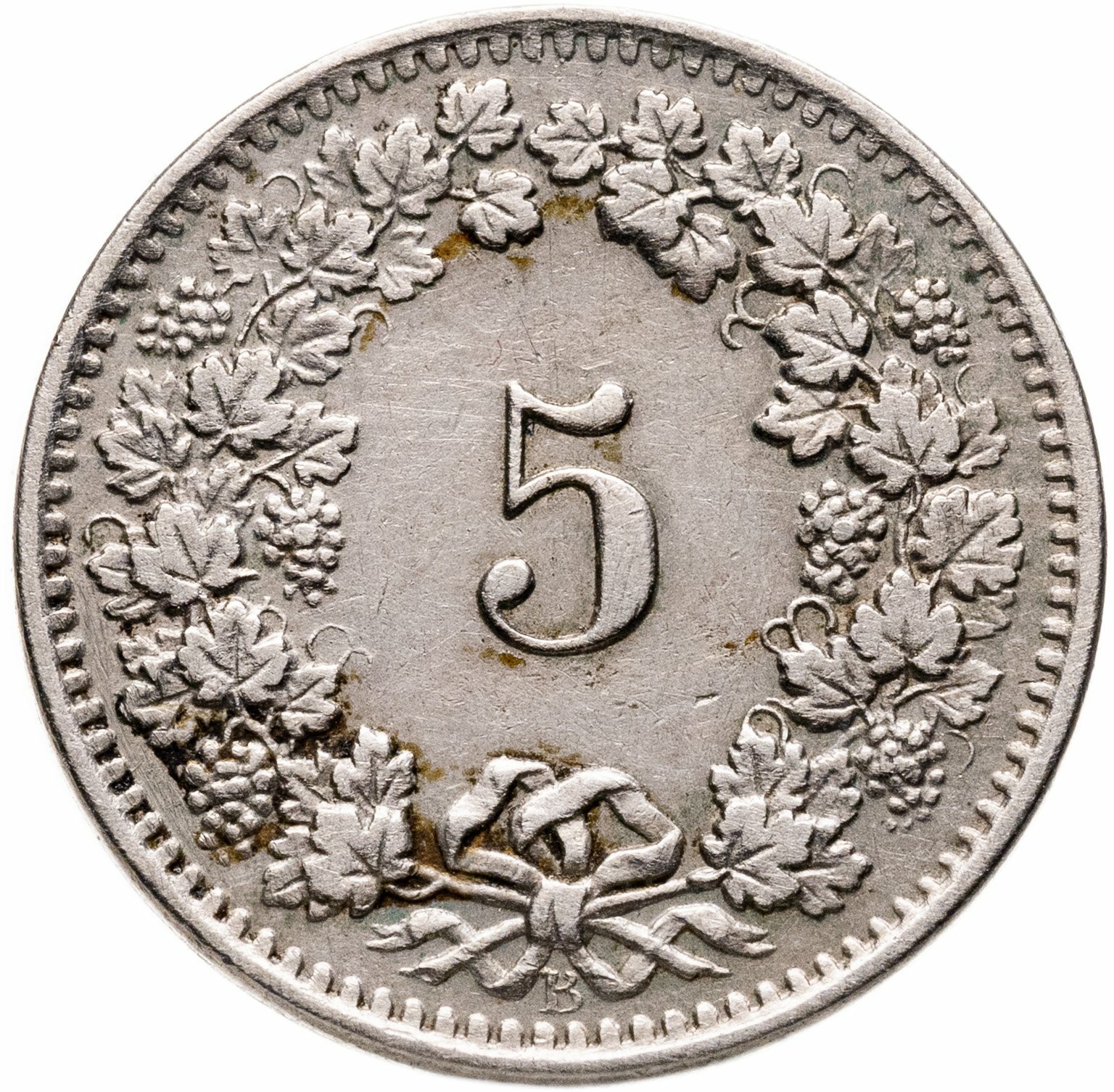 Швейцария 5 раппенов rappen 1913, Мельхиор медь-никель, в сохранности XF
