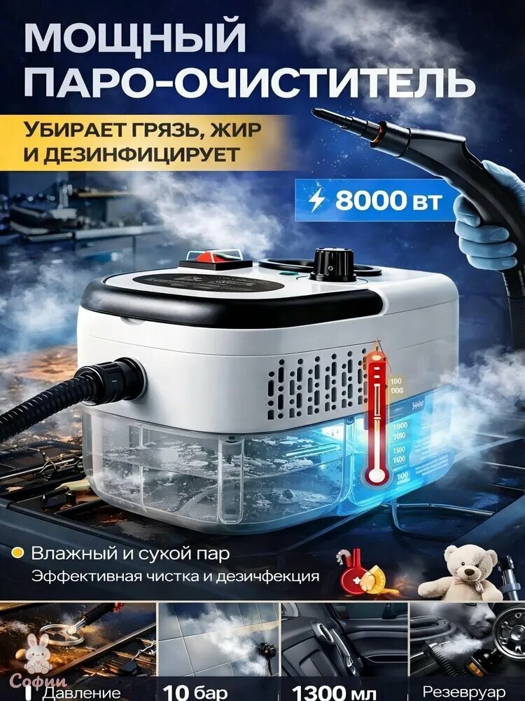 Пароочиститель Ручной пароочиститель, портативный для дома и автомобиля, 2500Вт, непрерывная подача пара до 45 минут, для чистки и дезинфекции 2500 Вт