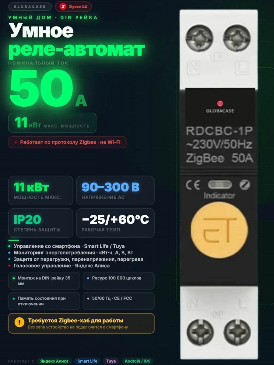 Умное реле-автомат Zigbee - программируемый выключатель 50 A