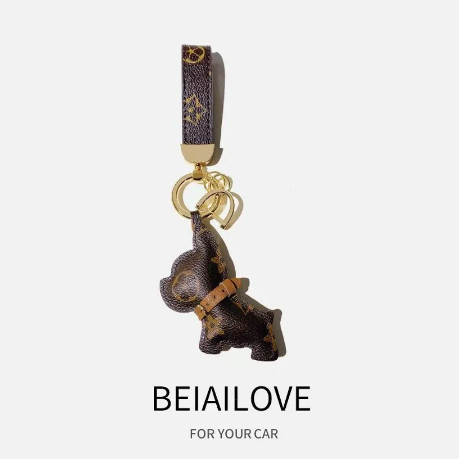 Classic French Bulldog car checkered keychain/key chain/bag charm/cute women's pendant/fashionable key ring