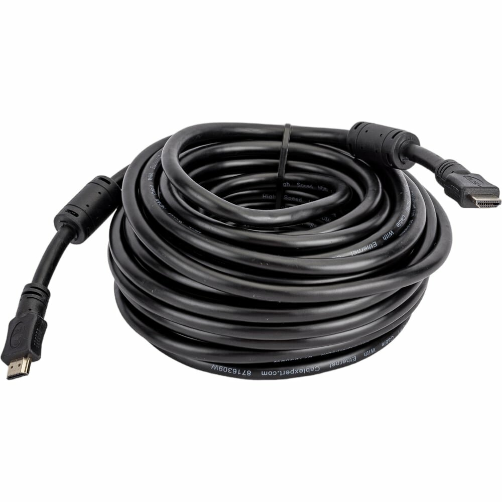 Кабель HDMI Cablexpert 19M/19M, v2.0, медь, позол. контакты, экран, 2 фер. кольца, 15м, черный, пакет, HDMI CCF2-HDMI4-15M — фото 1