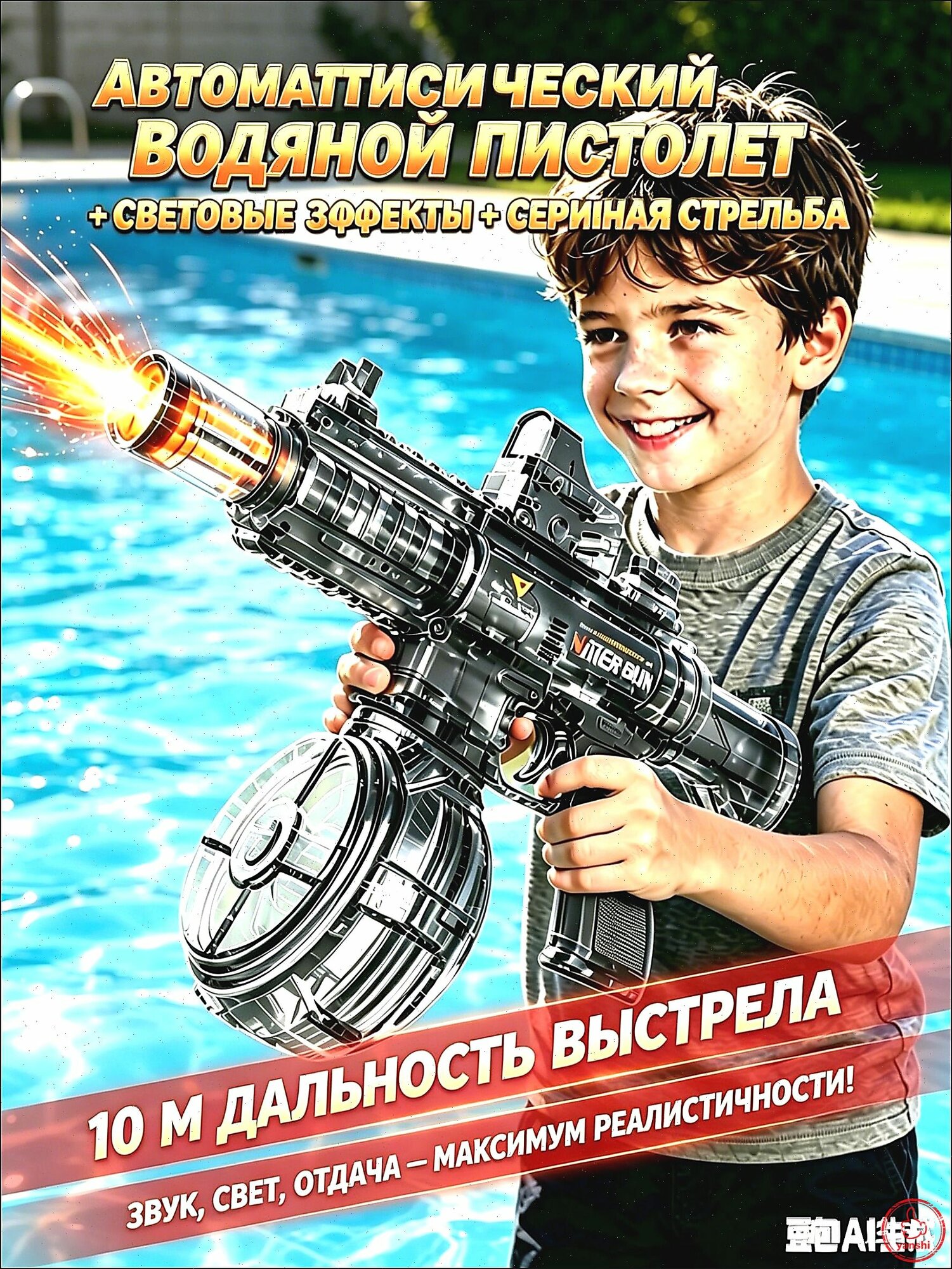 Электрический ультразвуковой водяной пистолет, автоматическое управление, от батареи, дальность действия до 10 метров, резервуар для воды 500 мл, черный.