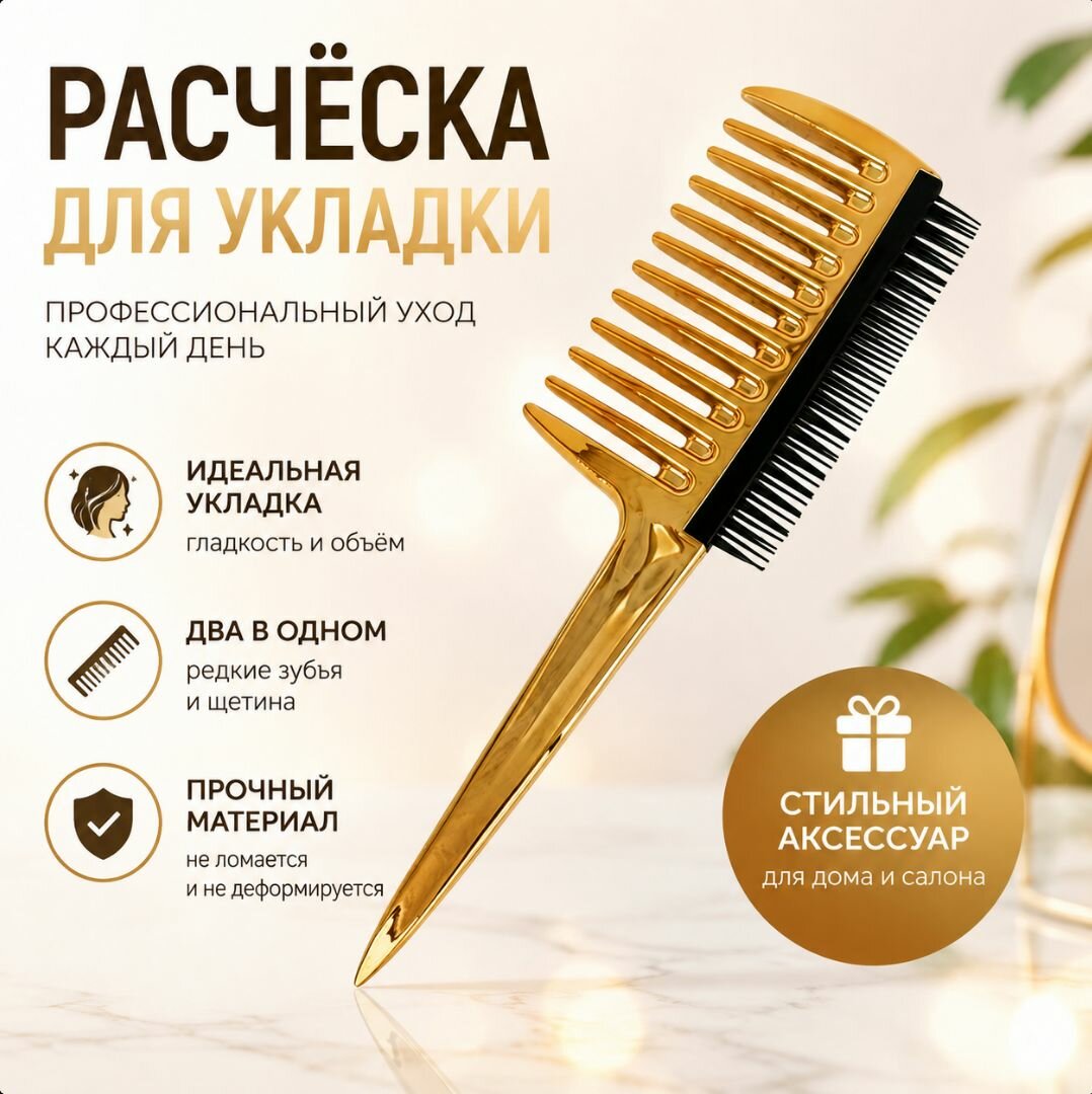 Универсальная золотая расческа 2-в-1 для укладки, начеса и выпрямления волос