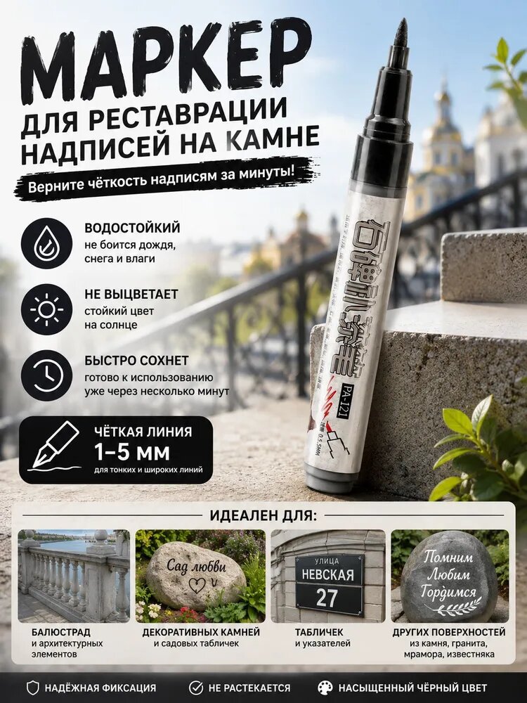 Маркер для реставрации надписей на камне водостойкий PA-121 для памятников и гравировки