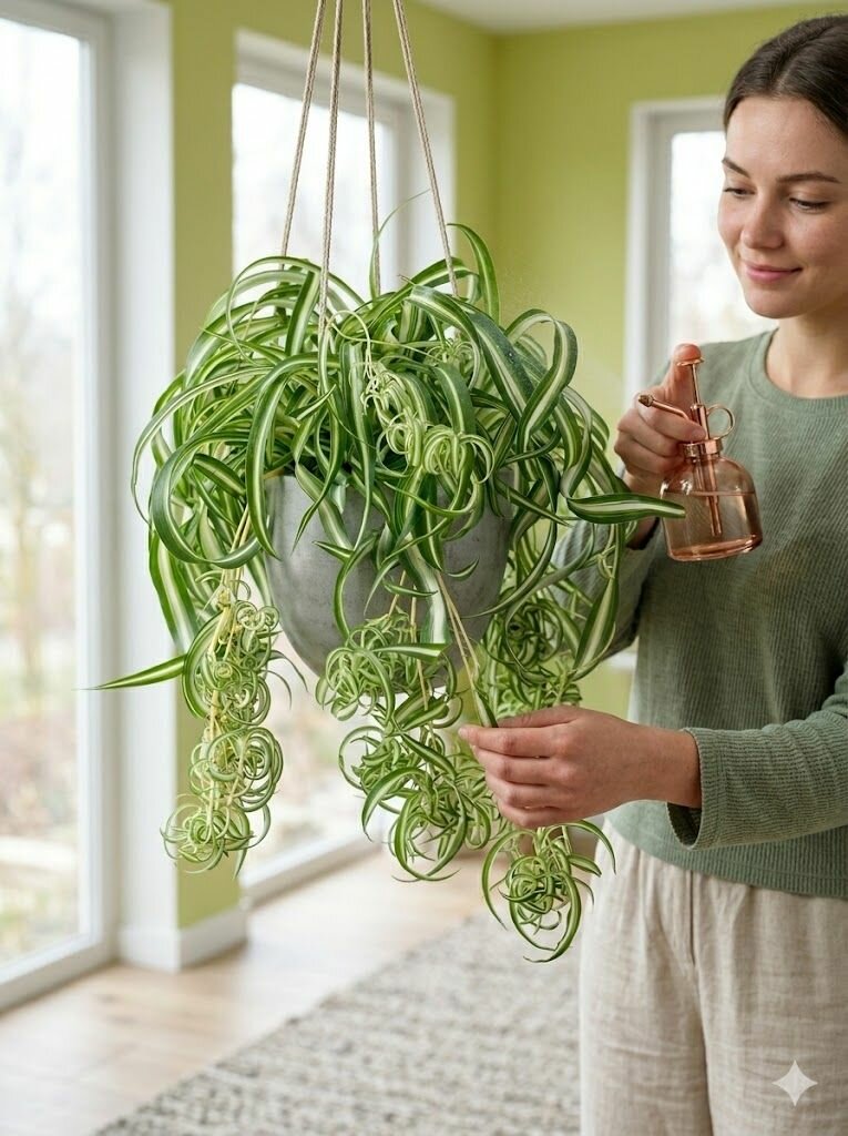 Хлорофитум Бонни Кудрявый (Chlorophytum Bonnie Variegata) D12см, живой цветок