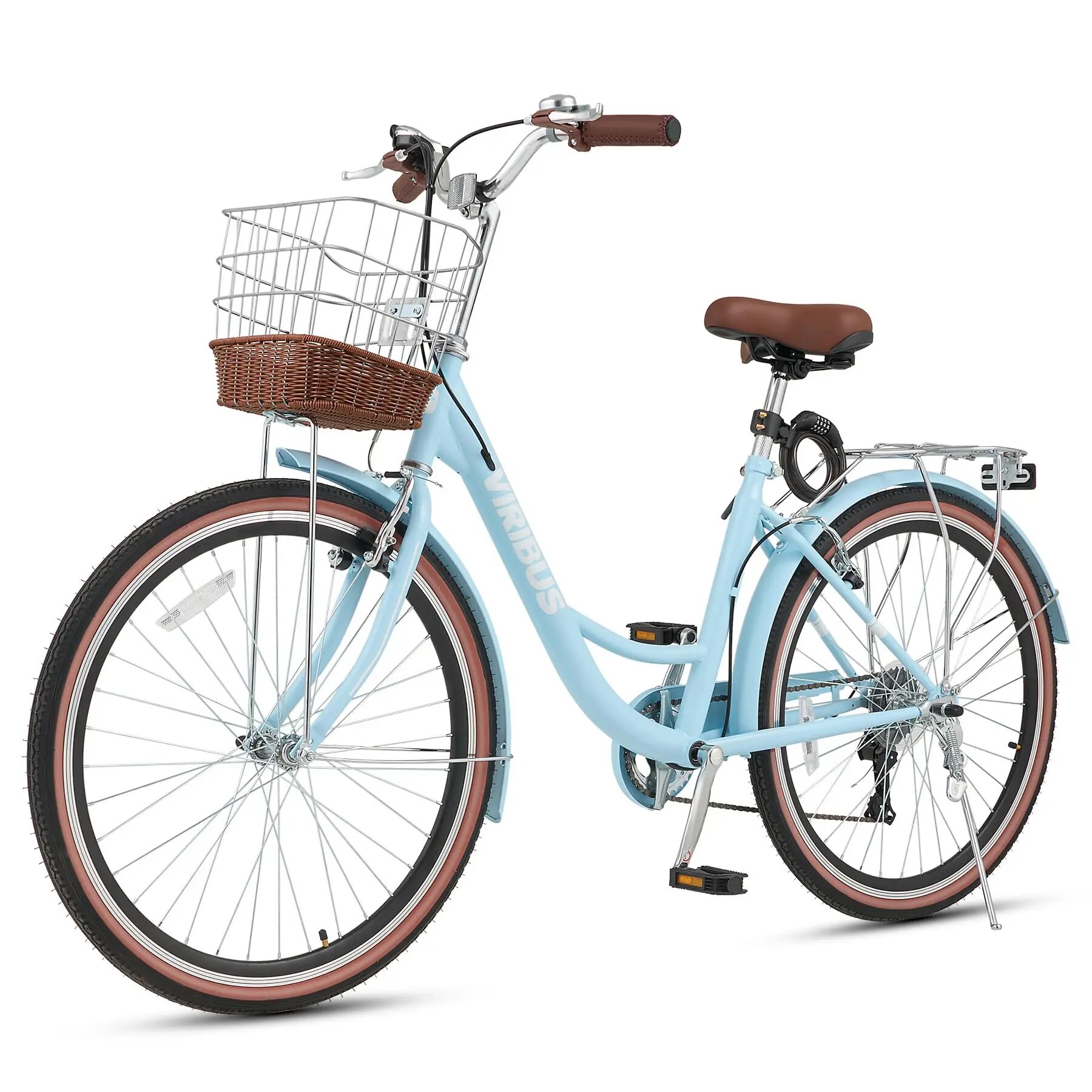 Велосипед VIRIBUS для женщин Cruiser, Beach Cruiser Bike для женщин 7 скоростей, женский велосипед 26 дюймов с плетёным корзином, городской велосипед для передвижения