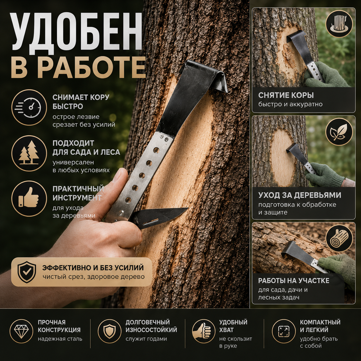 Садовый нож для снятия коры с деревьев, острое лезвие, прочная сталь, инструмент для ухода — фото 1