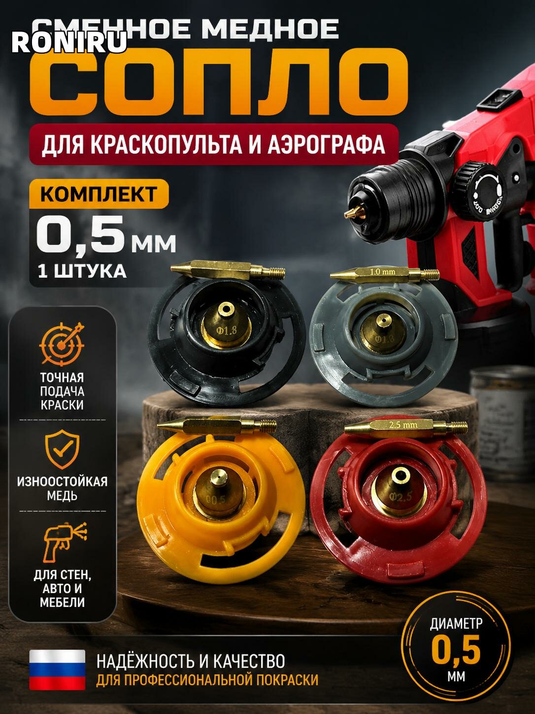 Сменное медное сопло для краскопульта и аэрографа, комплект 0,5мм 1 шт для покраски стен, авто и мебели
