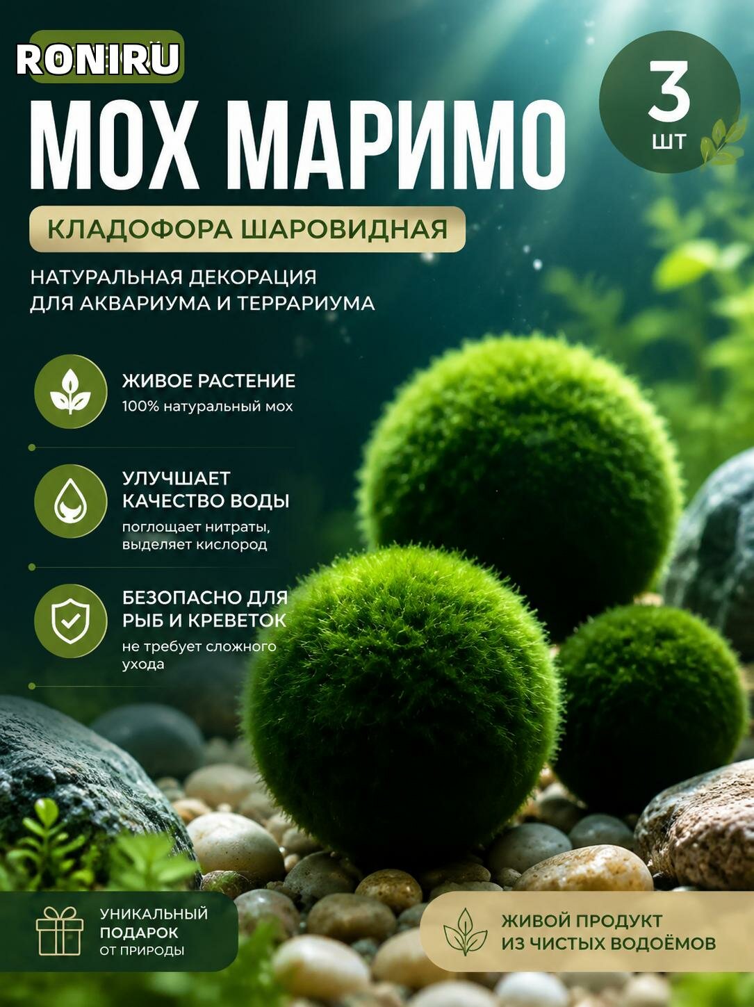 Живой мох маримо шар для аквариума, кладофора шаровидная — зелёная декорация для террариума и домашнего водоёма