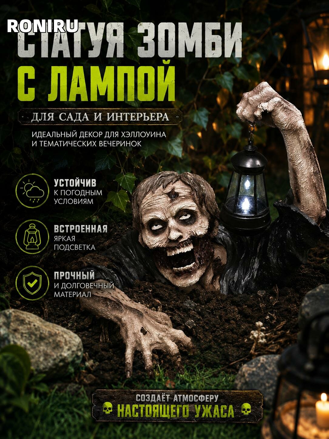 Статуя зомби с лампой для сада и интерьера — мрачный декор в стиле хоррор для Хэллоуина и тематических вечеринок