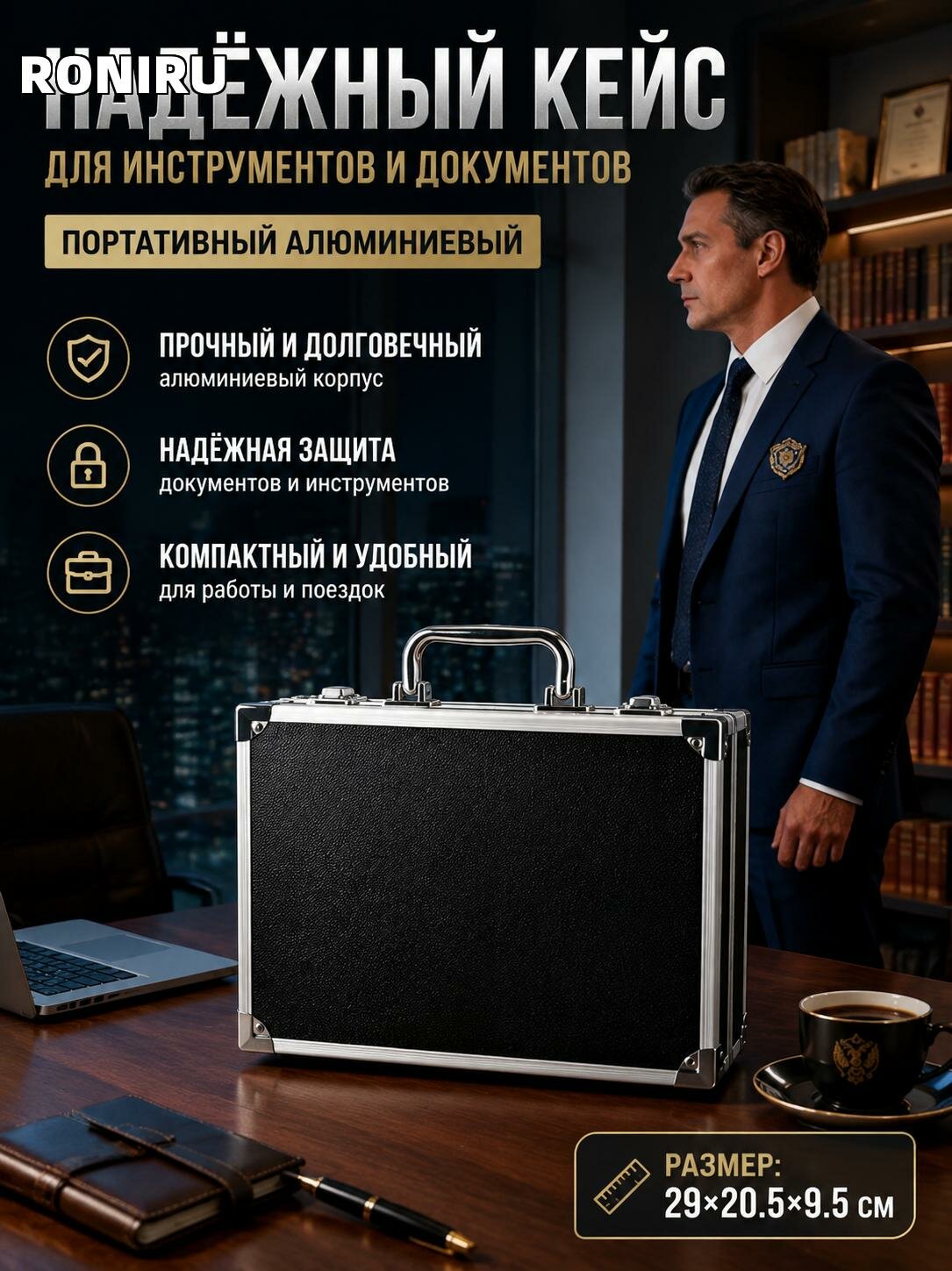 Портативный алюминиевый чемодан-ящик для инструментов и официальных документов, черный 29x20.5x9.5 см