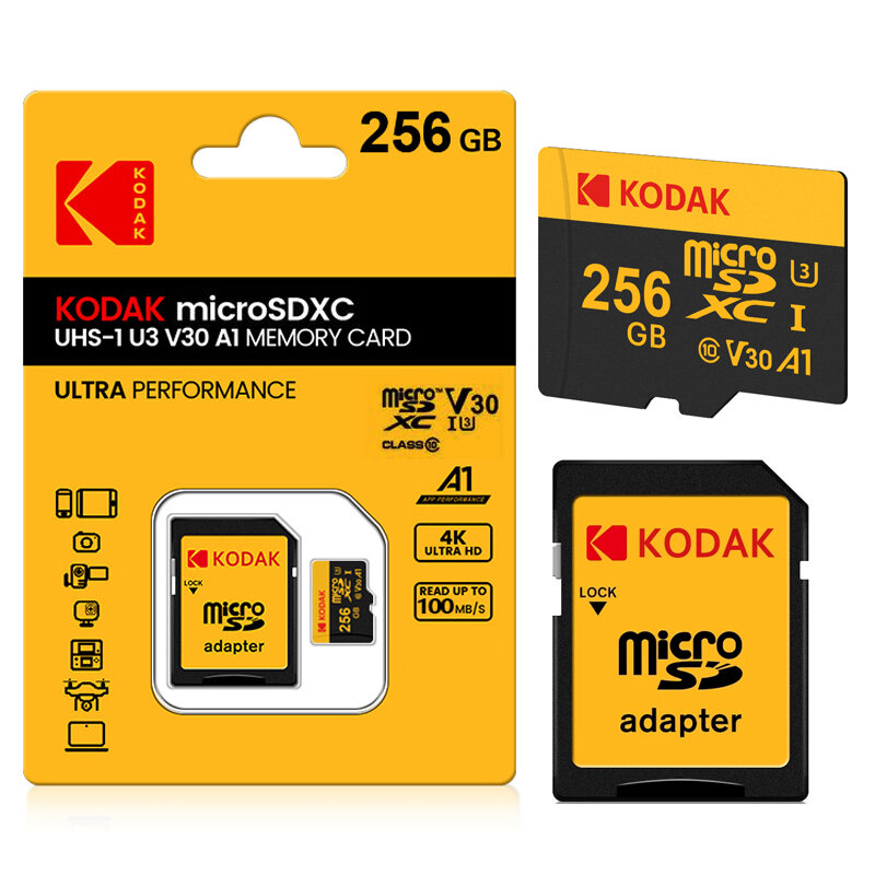 KODAK Карта памяти microSDXC UHS-1 U3 V30 A1 4K 256ГБ Class10 + адаптер
