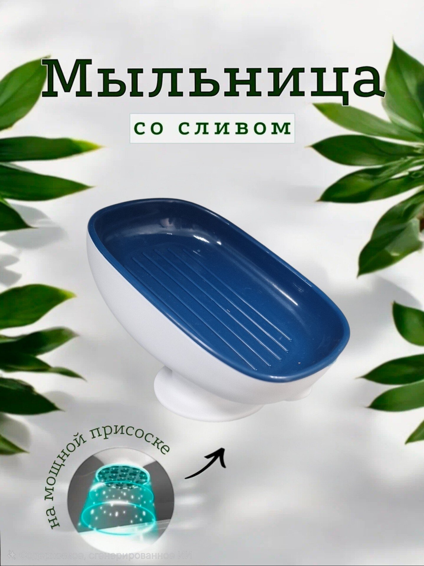 Мыльница, со сливом, на присоске, овальная, АБС пластик, бело-синия