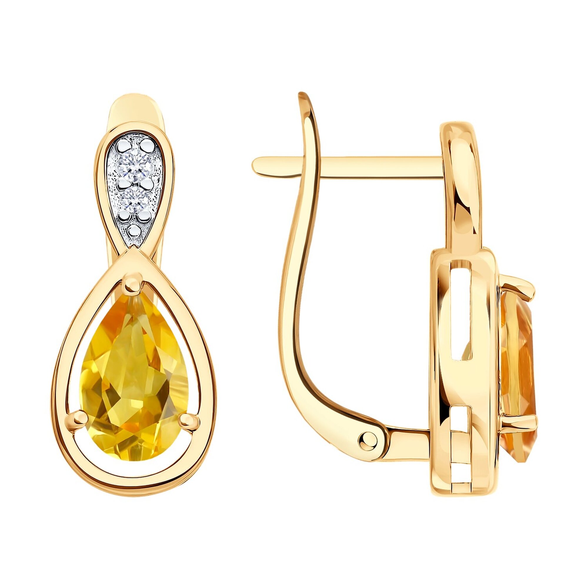 Серьги, серебро, 925 проба, золочение, цитрин, фианит