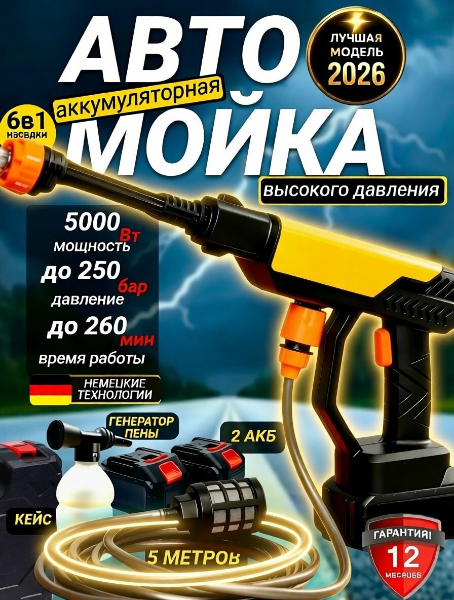 Новинка 2026! Мойка высокого давления аккумуляторная для автомобиля. Мини автомойка аккумуляторная cерия CW. Кейс в комплекте