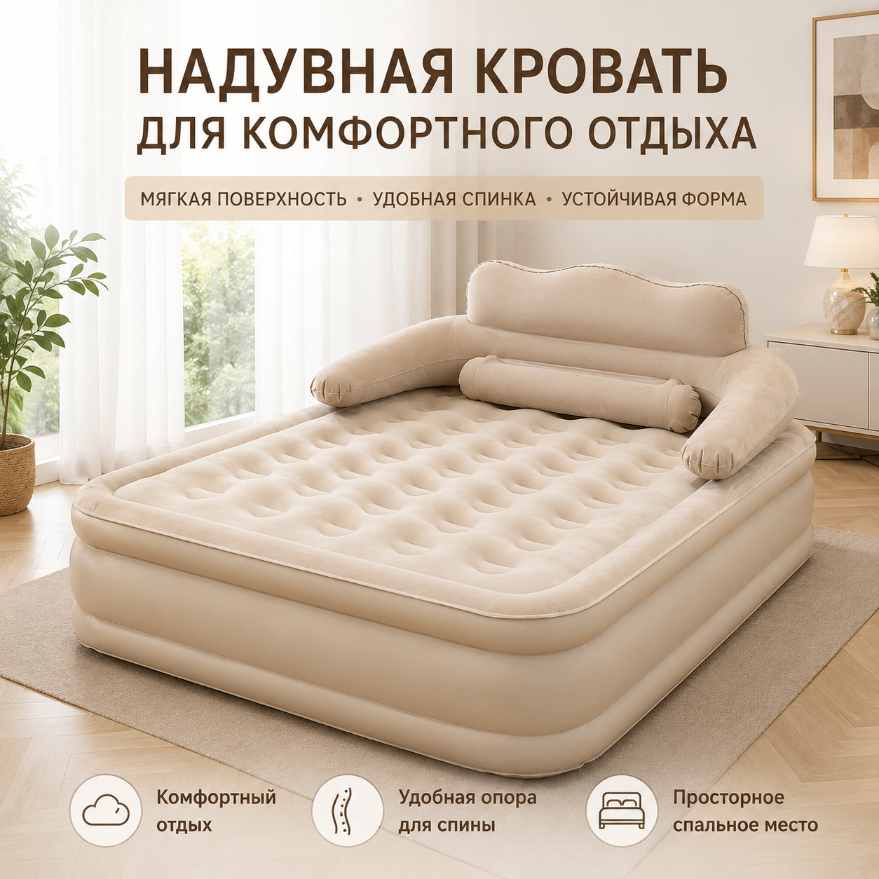 Надувной матрас sevensvvnyy, двухместный, встроенный насос, максимальная нагрузка 300кг,198*152*40 см