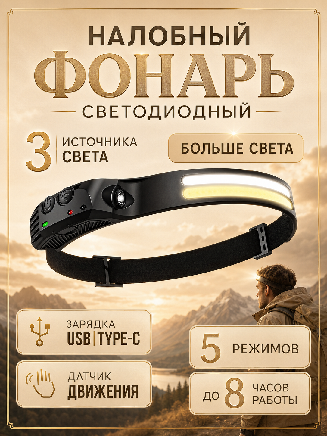 Фонарь налобный светодиодный аккумуляторный для спорта и дачи, черный